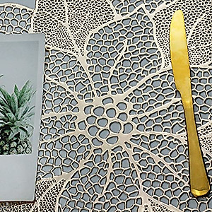 AdasBridal Gold Round Placemats for Dining Table Set of 6 Pressed Vinyl Metallic Table Mats Hollow Out Hibiscus Flower Place Mats for Dinner Table Decor Holiday Wedding Accent Centerpiece