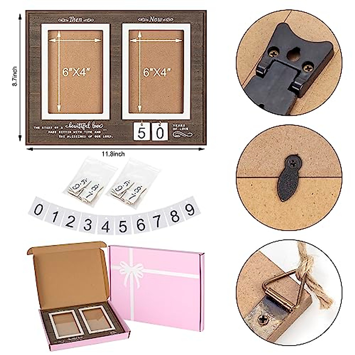 Then & Now Anniversary Picture Frame, 1-99 Years Wedding Gift Ideas - Anniversary Wood Photo Frame, Engagement Bridal Shower Gifts with Sentimental Quote - Holds 2 4x6 Inches Photos (Then & Now)