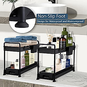 UBeesize 2 Pack Bathroom Organizer Basket Drawers, Slide Out Under Sink Cabinet Organizers and Storage for Bathroom Countertop Bathroom Sink Organizer with Hooks and Cups,Pull Out Under Sink Shelf