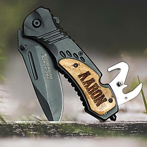 My Personal Memories Engraved Personalized Wood Handle Rescue Pocket Knife - Father's Day Groomsmen Gifts - All Black Knife