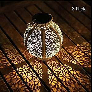 WSgift 2 Pack Hanging Solar Lantern Metal LED Table Lamp Outdoor Solar Hollow-Out Lights with Handle, 6 lumens, 6 x 6 x 6.7 Inch, White