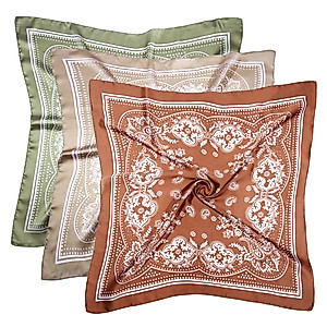 DOOBO Silk Head Scarf, 3 Pcs Satin Hair Scarf Set of 27.5 Inches, for Women Girls(Brown, Khaki, Light Green)