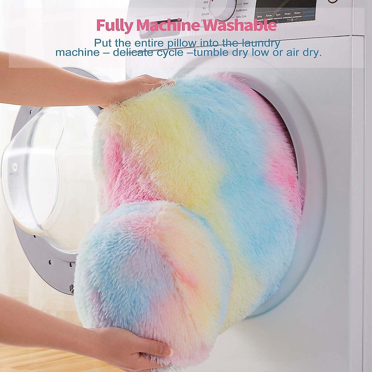 Bedriping Reading Pillow for Bed - Faux Fur Backrest Pillow with Arms, Reading & Bed Rest Pillows Rainbow Colors, Fluffy Sit Up Pillow, Study Pillow for Kid, Tween, Teens & Adult Girls