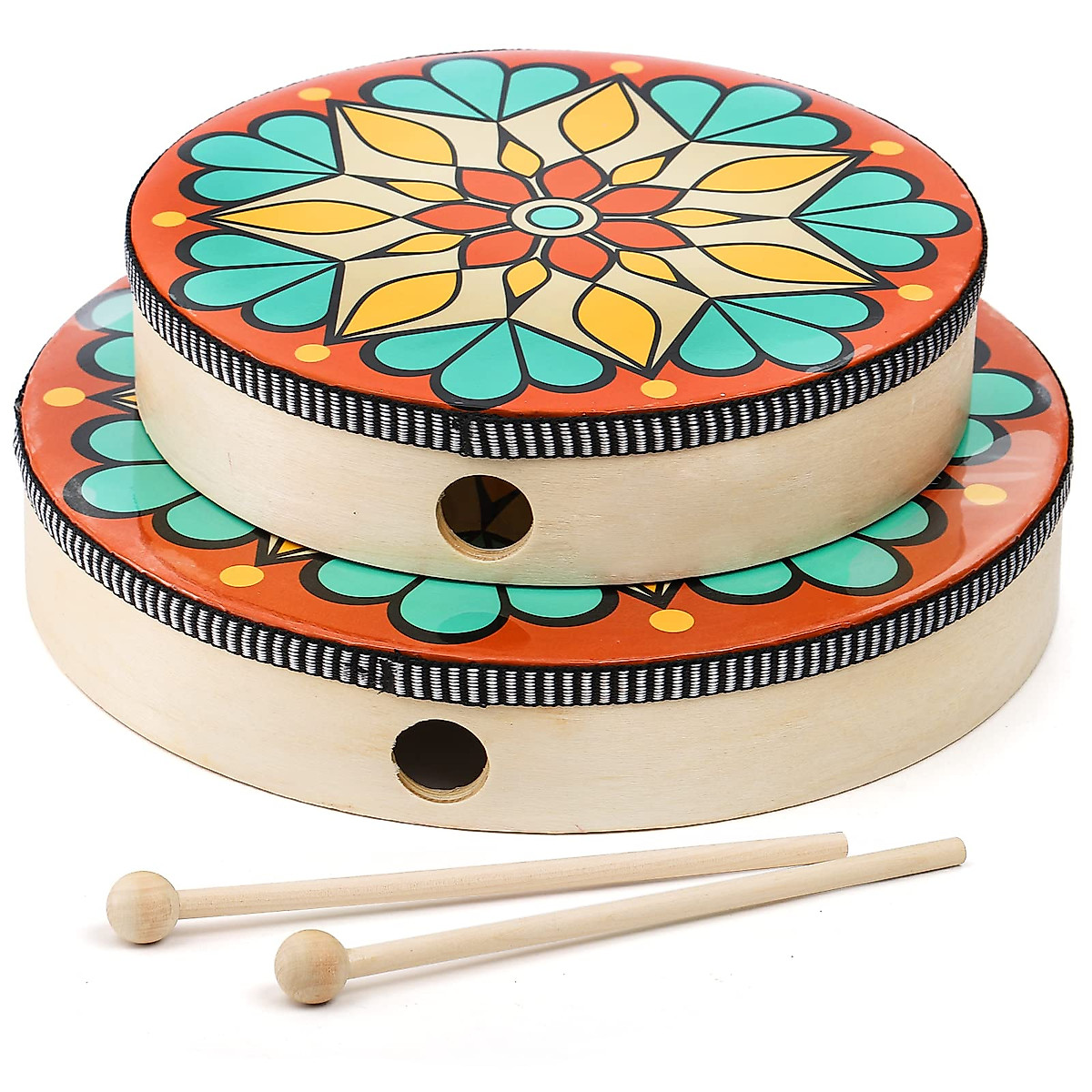Foraineam 10 Inch & 8 Inch Hand Drum, Musical Percussion Instrument Colorful Wood Frame Drum with Drum Stick