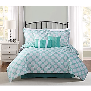 Carmela Home – Comforter Set, Downton, Full/Queen, 7-Piece Set Includes 1 Comforter, 1 Sham, 4 Pillows, & 1 Bed Skirt, 100% Polyester, Reversible & Lightweight, Contemporary Turquoise, Aqua