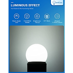 JandCase G40 Light Bulbs Replacement, Low Watt Light Bulbs, 15 Watt Light Bulbs Equivalent E26 Base, Non-dim, 1W 6000K LED Small Light Bulbs for Bathroom Vanity Porch Outdoor String Light Bulbs,6 Pack