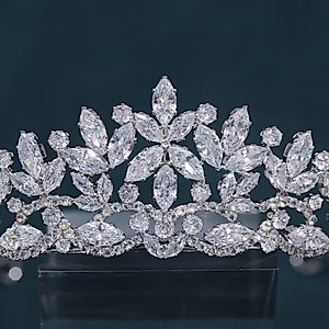 FASNAHOK Silver CZ Wedding Tiaras for Brides Floral Princess Crowns for Women Cubic Zirconia Bridal Headband Sweet 16 Crown Birthday Hair Accessories