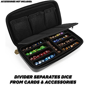 CASEMATIX Dice Box and Card Case for 9 Sets of RPG Dice, Spell Cards, Counters and Other Accessories - Hard Shell Dice Holder with Embossed Dragon Design, Carry Handle and Dice Tray Functionality