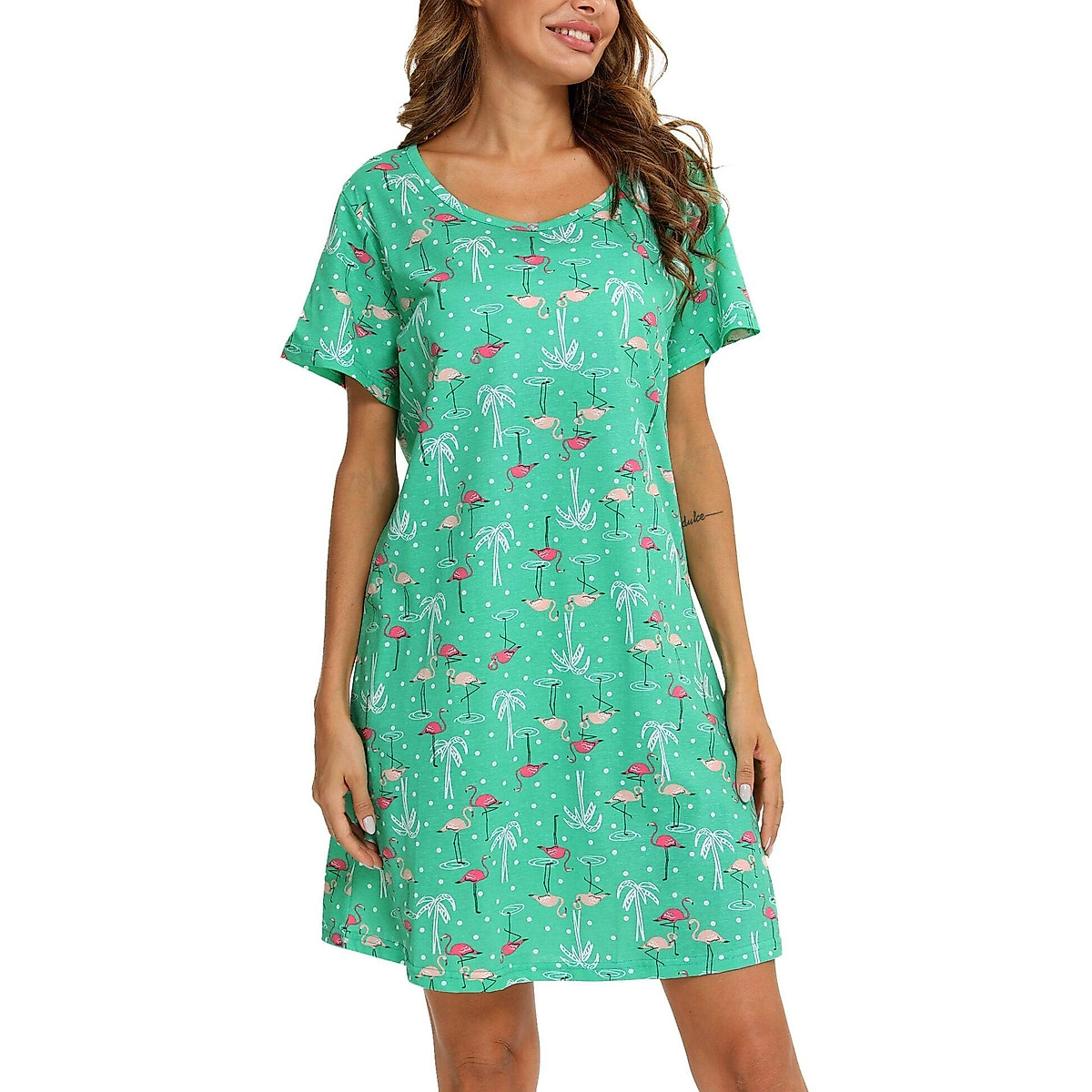 ENJOYNIGHT Womens Nightgowns Cotton Sleepwear Plus Size Sleep Shirts Short Sleeves Nightshirt Print Sleepshirt (Medium, Flamingo)