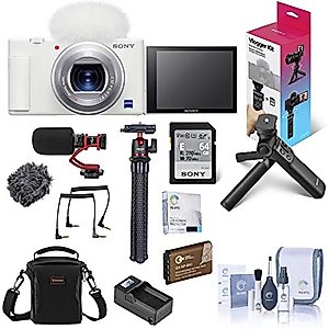 Sony ZV-1 Compact 4K HD Digital Camera, White Bundle Shooting Grip/Tripod, 64GB UHS-II SD Card, Bag, Mic, Flexible Tripod, Extra Battery, Charger and Accessories