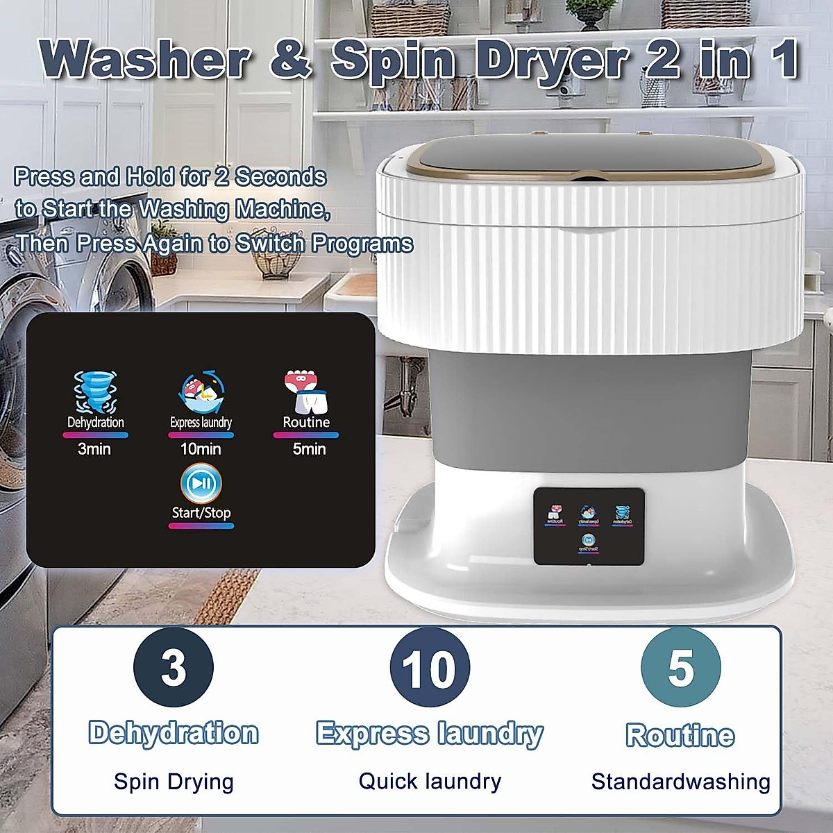 Portable Washing Machine, Mini Washing Machine, 11L Upgrade Model Foldable Small Washer, Collapsible Compact Laundry Washer and dryer 2 in 1, Apartment, Dorm, Rv, Socks, Underwear, Baby Clothes, Grey