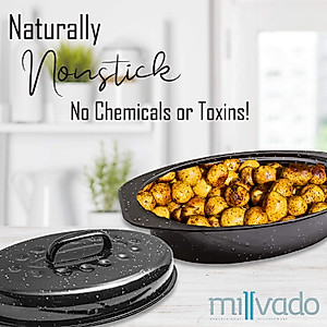 Millvado Roasting Pan With Lid, Turkey Roaster Pan, Extra Large 18 lb Capacity, 18" Granite Oven Roaster Oval Shaped Speckled Enamel on Steel Cookware