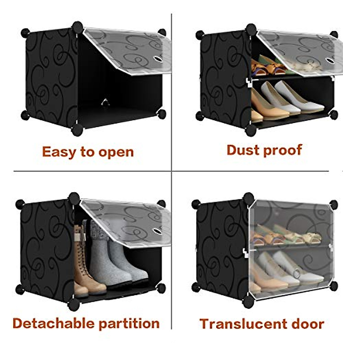 KOUSI Portable Shoe Rack Organizer 72 Pair Tower Shelf Storage Cabinet Stand Expandable for Heels, Boots, Slippers， 12-Tiers Black & Transparent Door