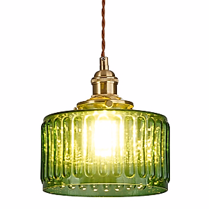 Qufute Green Hanging Light Vintage Modern Pendant Light Fixture with Stripe Green Glass Shade Glass Pendant Lighting Gold Pendant Lamp for Kitchen Island Bedroom Farmhouse