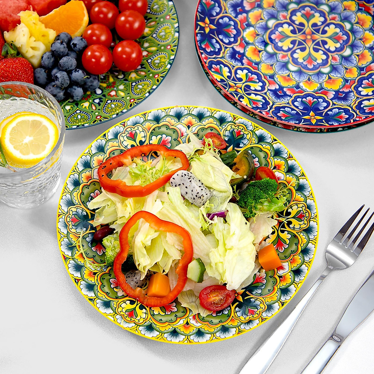 LECOOICS Ceramic Dinner Plates Set of 6, 8.5 Inch, Microwave/Oven/Dishwasher Safe, Scratch Resistant, Bohemian Style Dinnerware for Salad, Pasta, Dessert,Steak, Appetizers