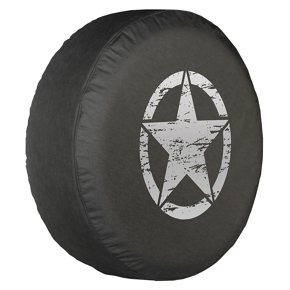 Boomerang - 32" Distressed Star - Spare Tire Cover - (Black Denim Vinyl) for Jeep Wrangler JK (2007-2018) - Silver Print - Made in The USA