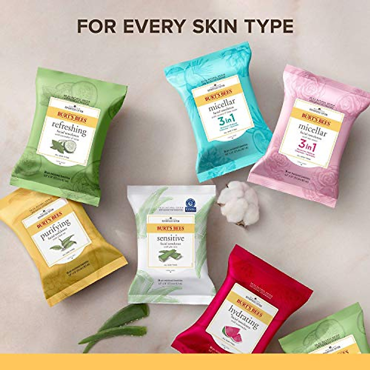 Burt's Bees, 3 in Facial Cleanser Towelettes and Makeup Remover Wipes and Made Repurposed Cotton, Micellar with Coconut & Lotus Water, 30 Count (Pack of 2)