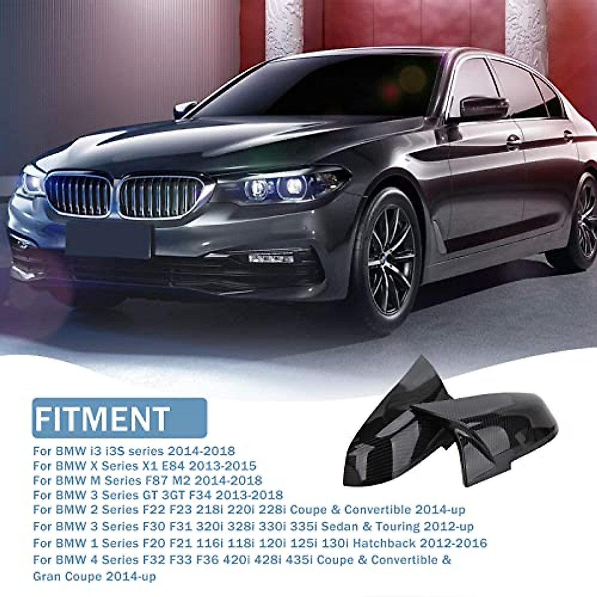 Door Rearview Mirror Cover Cap Carbon Fiber Replacement for BMW F20 F22 F30 F31 F32 F33 F36 F87 M2 X1 E84 328i 330i 335i 428i 435i (2PCS)