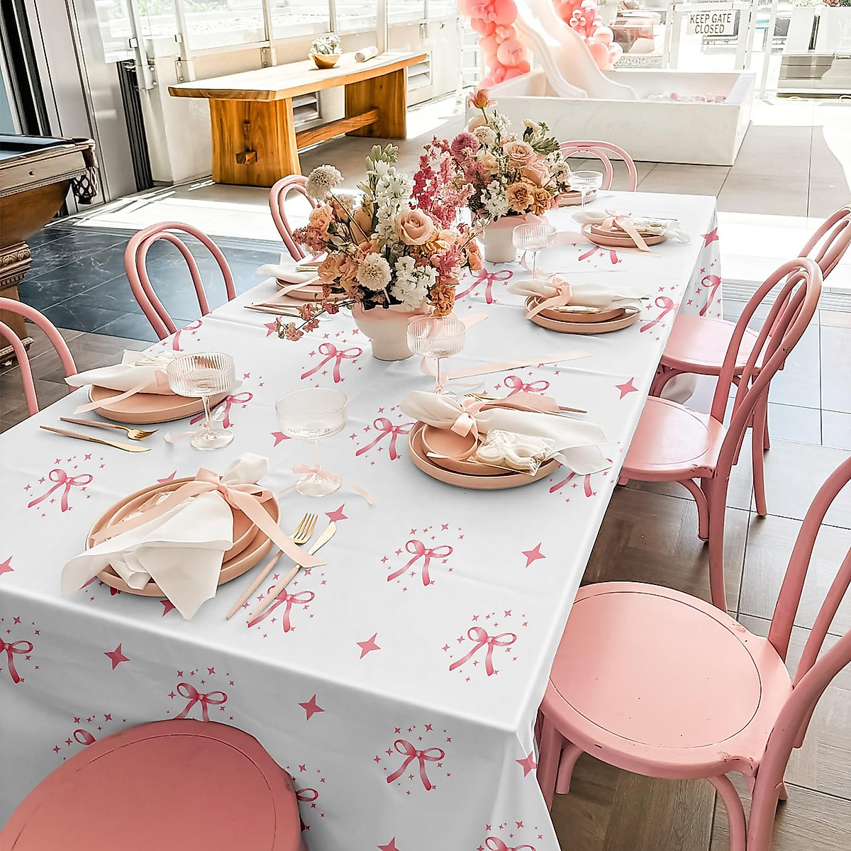 YTHETM 2 Pcs Coquette Birthday Party Decorations Pink Bow Table Cloth Decor Disposable Waterproof Plastic Table Cover Party Supplies for Baby Shower Bridal Bachelorette Party Favor (54 x 108 Inches)