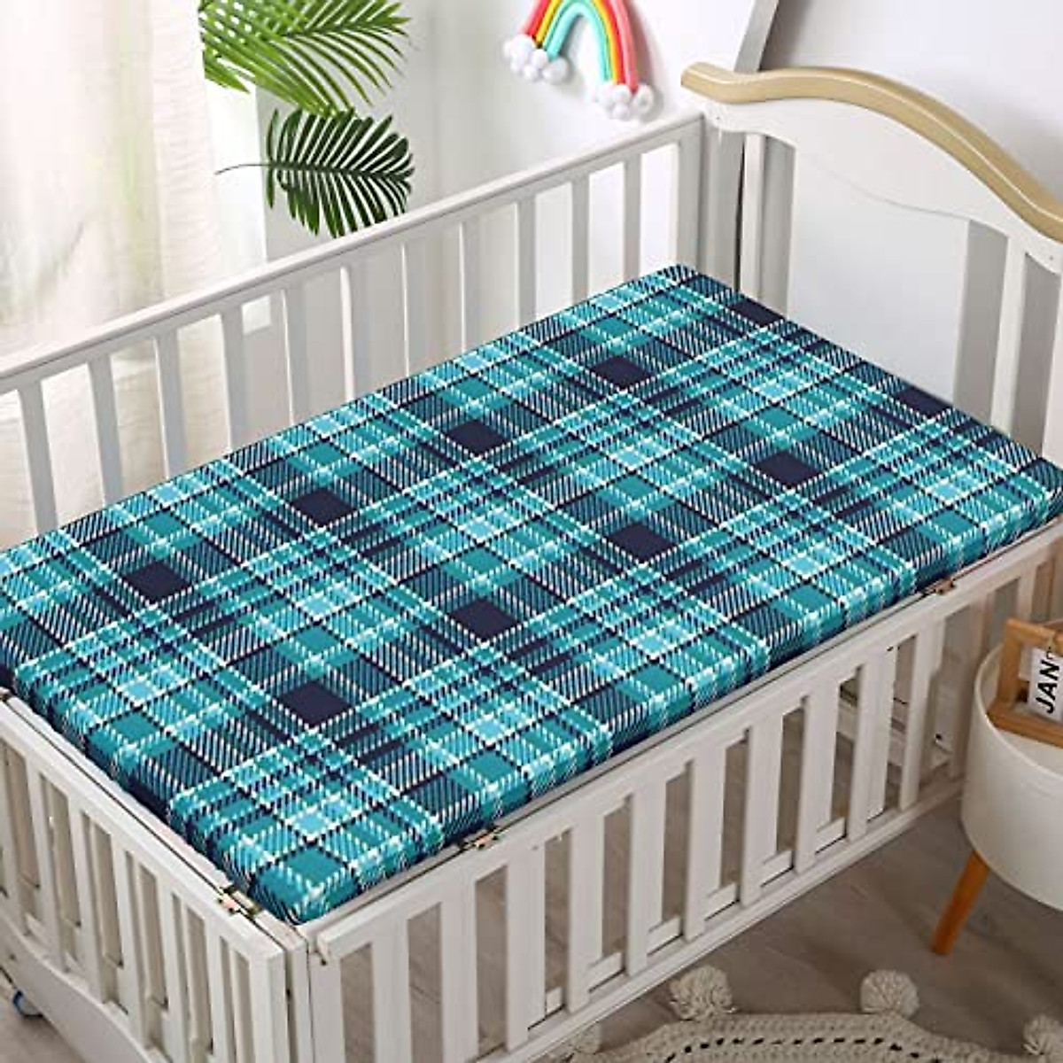 Plaid Themed Fitted Crib Sheet,Standard Crib Mattress Fitted Sheet Toddler Bed Mattress Sheets-Baby Crib Sheets for Girl or Boy,28“ x52“,Dark Blue Aqua White