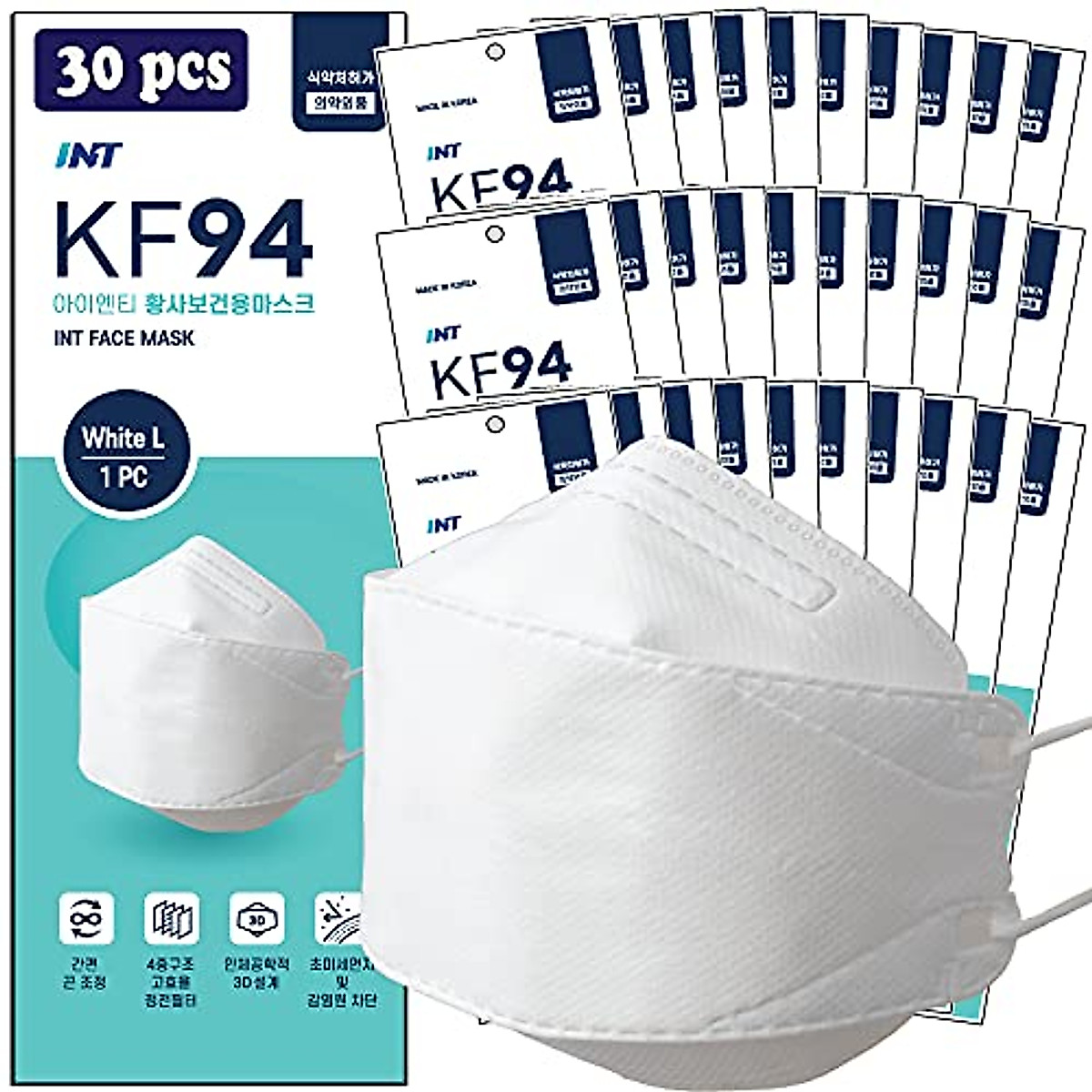 【 30 Pack 】 INT White KF94 Mask, Certified, 4-Layered Face Safety, Patented Adjustable Earloop, FDA Registered Device, Individually Sealed Package"MADE IN KOREA"