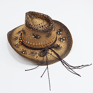jiaoji Men & Women's Woven Straw Cowboy Cowgirl Straw Hat Cowboy Hats for Women Cowboy Hat Shapeable Brim, Beach Cowgirl (Tea Coffee/Beads)