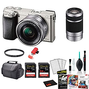 Sony Alpha a6000 Mirrorless Digital Camera with 16-50mm + 55-210mm Lenses with 2X 64GB Memory Card -International Model