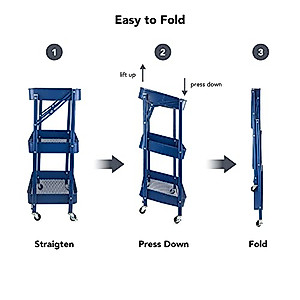 Isaac Jacobs 3-Tier Rolling Cart, Foldable Mobile Storage Organizer with Caster Wheels, Lightweight Multi-Purpose Metal Utility Cart for Office, Kitchen, Bathroom, Bedroom (Navy)
