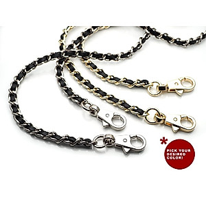 CRAFTMEMORE Purse Chain Strap, Chain with Leather Handle, Shoulder Handbag Replacement Pochette Accessories K083 (47 Inches, Silver)