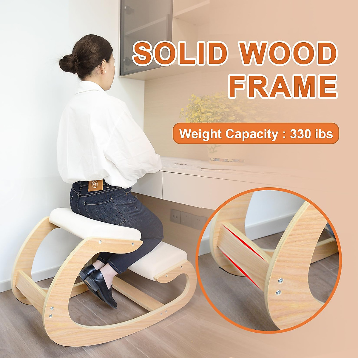 QIUJIARUI Ergonomic Kneeling Chair with Comfort Cushion，Wooden Rocking Seat for Improved Posture – Perfect for Home and Office Use (Beige)