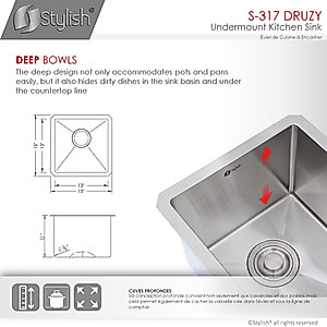 STYLISH 15 inch x 15 inch Stainless Steel Single Bowl Undermount 18 Gauge 10 Millimeters Radius Corners Kitchen Bar Sink with Bottom Grid and Luxury Basket Strainer, S-317G