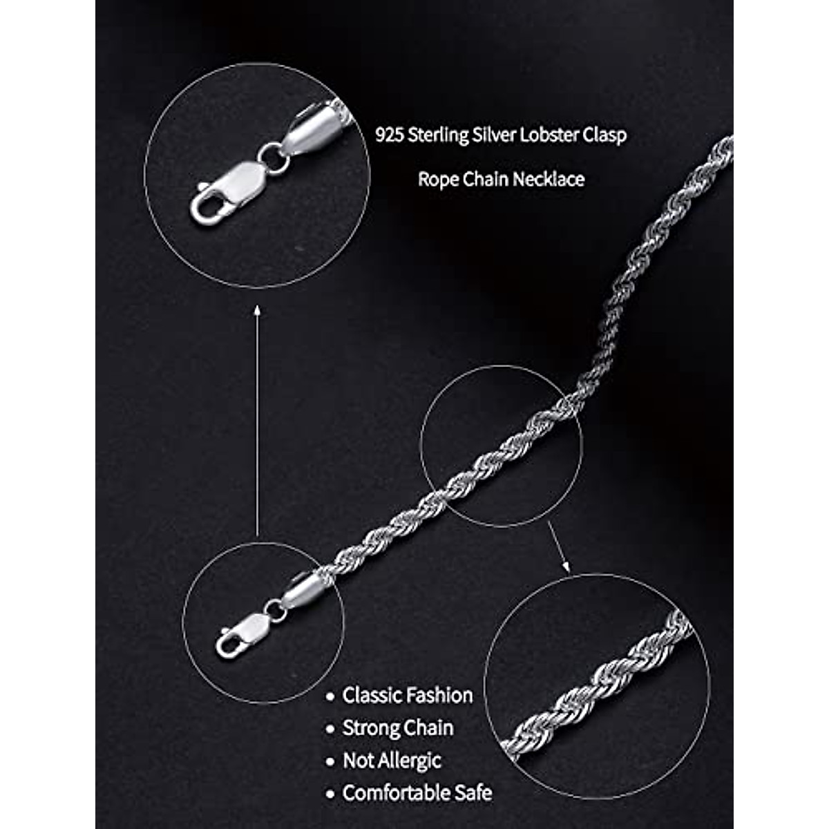 Haevsiwa 925 Sterling Silver Chain for Men Women Rope Chain Lobster Clasp Silver 2.5mm Silver Chain Necklace (22 inches)