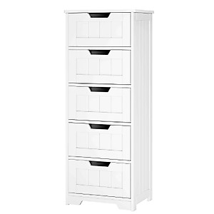 FOTOSOK Bathroom Floor Cabinet, Free-Standing Storage Cabinet with 5 Drawers, 11.8” x 15.7” x 40.1” Wooden Storage Cabinet with Cut-Out Handles, Side Tall Storage Cabinet for Bathroom, Living Room