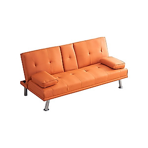 Faux Leather Convertible Folding Futon Sofa Bed with 2 Cup Holders, Sleeper Couch Bed with Removable Armrests, Metal Legs, Upholstered Loveseat for Living Room, Apartment, Dorm, Office (Orange)