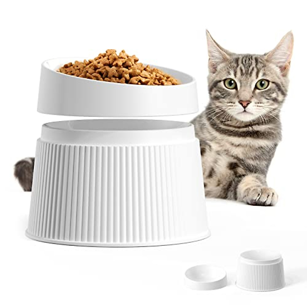 uahpet Elevated Cat Food Bowl Super Widen Raised Cat Food Dishes for Protecting Spine, Reliefing Whisker Fatigue, Anti-Vomiting 17° Tilted Pet Feeding Bowls with Silicone Mat for Indoor Cats