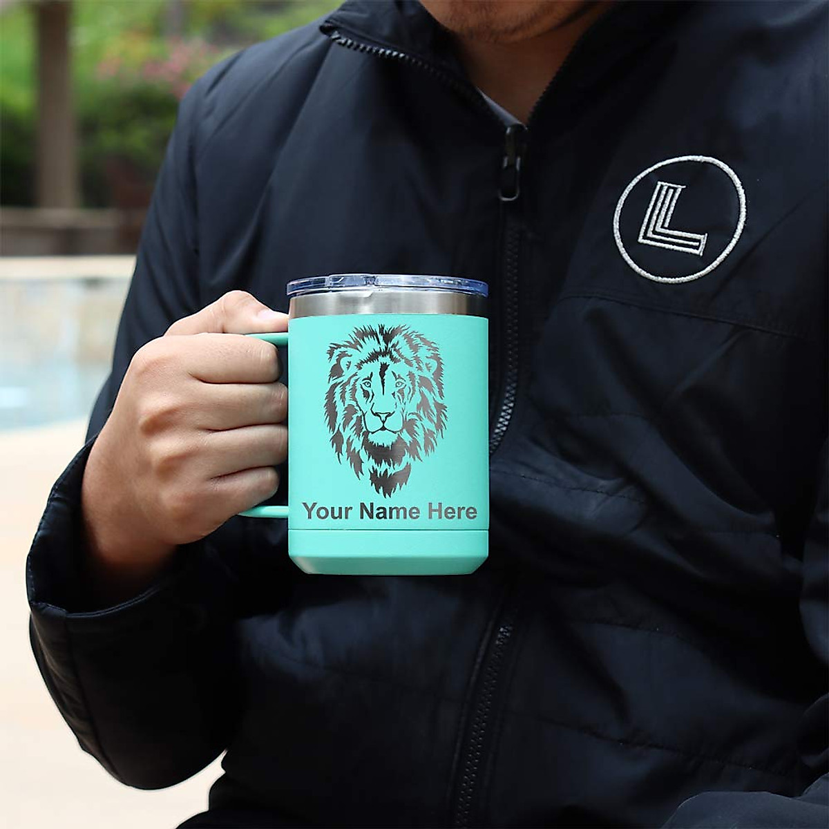 LaserGram 15oz Vacuum Insulated Coffee Mug, Sign Language I Love You, Personalized Engraving Included (Teal)