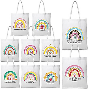 Silkfly 10 Pack Rainbow Teacher Tote Bags Gift for Christmas, Teacher's Day, End of Semester, Retirement Teacher Appreciation Gift Reusable Canvas Bags for Women 15 x 14 Inch
