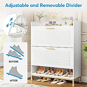Tribesigns Shoe Cabinet Tipping Bucket Shoe Storage Cabinet with 2 Flip Drawers & Open Shelf, Freestanding Wooden Shoe Rack Modern Shoe Organizer for Entryway, Bedroom, Small Space (White & Gold)