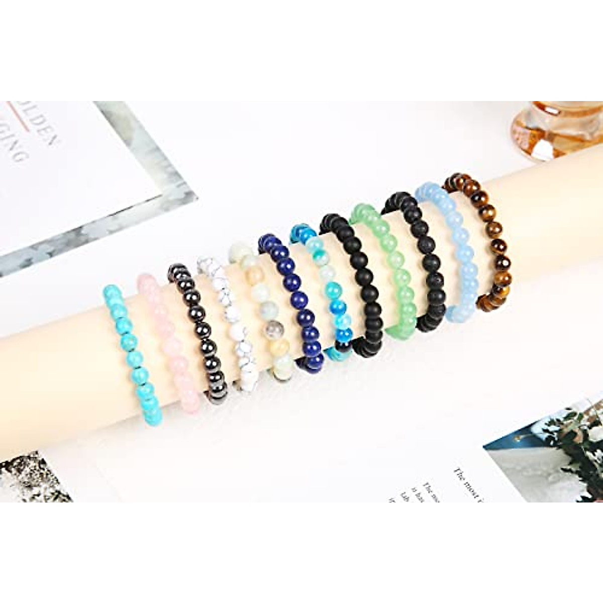 Leocuci 12PCS 8mm Semi-precious Beaded Bracelets for Men Women Healing Stretch Round Bead Crystal Gemstones Bracelets