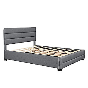 YUNLife&Home Upholstered Queen Size Platform Storage Bed with Trundle and Two Drawers, Velvet Upholstered Trundle Bed Frame, Wooden Queen Bed Frame with Headboard, No Box Spring Needed