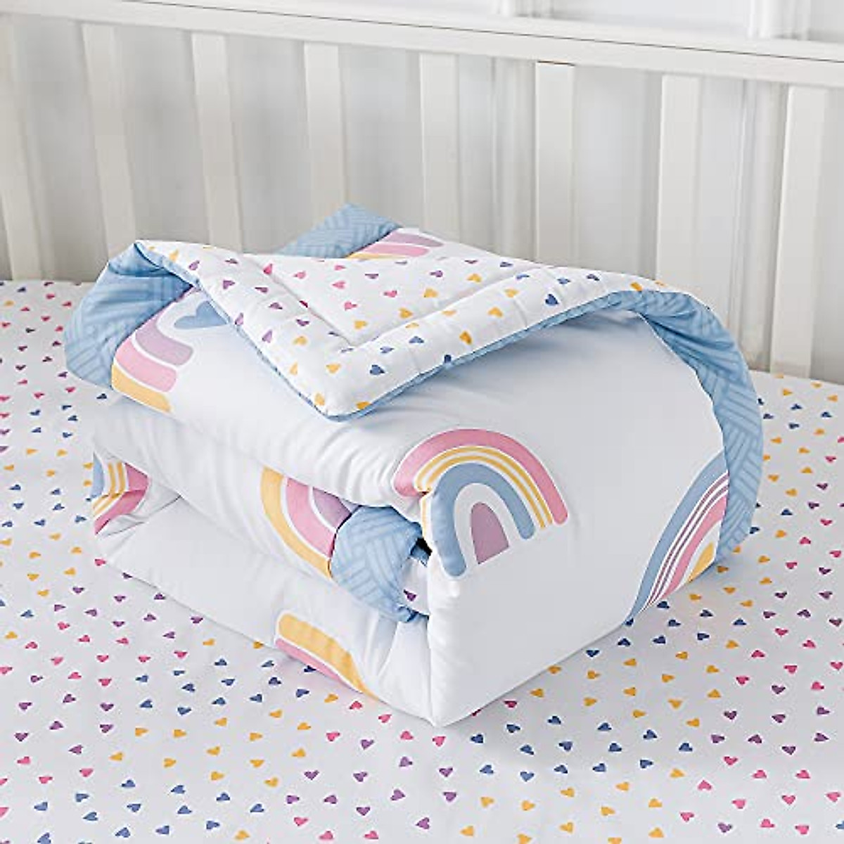 Hearts & Rainbow Crib Bedding Set - 3-Piece, Includes Quilt, Fitted Crib Sheet, and Changing Pad Cover - Rainbow Baby Crib Bedding, Farmhouse Nursery Décor, Baby Room Decorative Set for Girls