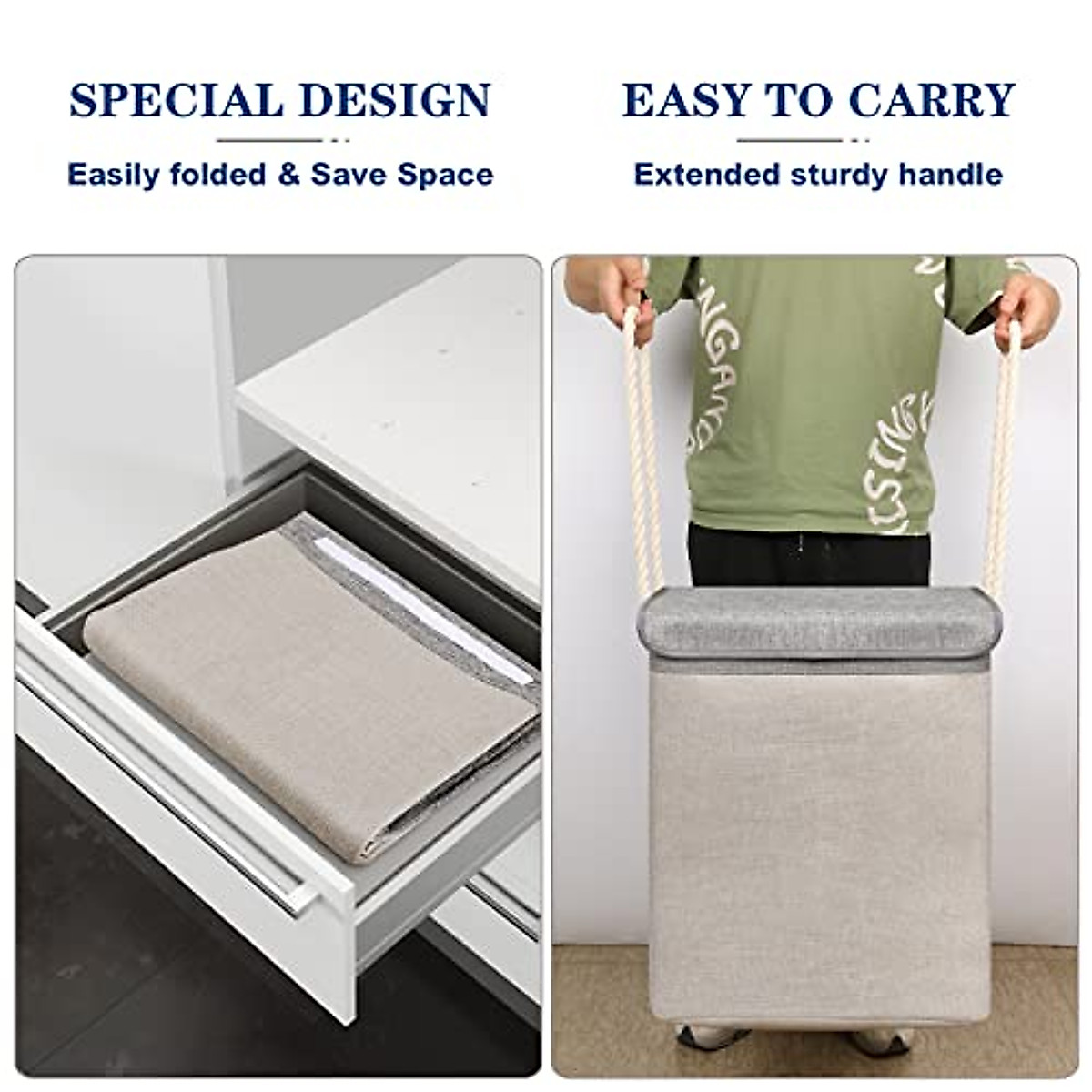 POBOMVOM 60L Laundry Basket with Lid, Hampers for Laundry with Rope Handles Waterproof Lining Detachable Brackets Dirty Clothes Hamper for Bedroom, Bathroom Dorm Organization (19 inches, Light Grey)