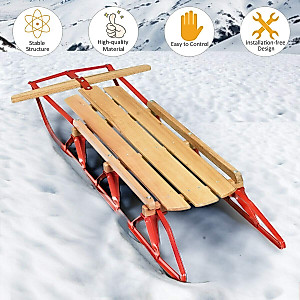 Caraya Vintage Design Steel Wooden Snow Kids Sled Winter Toboggan Board Skiing Rope Pad with Metal Runners and Steering Bar Steering Slider Outdoor 54 Inch