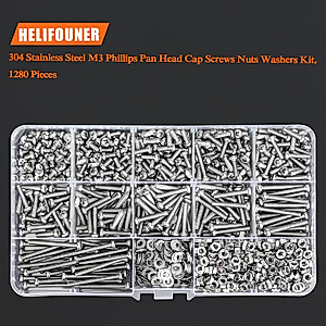 HELIFOUNER 1280 Pieces M3 x 4mm /6mm /8mm /10mm /12mm /14mm /16mm /18mm /20mm /25mm / 30mm, Phillips Pan Head Machine Screws, Metric Screws Bolts Washers Nuts Kit, 304 Stainless Steel