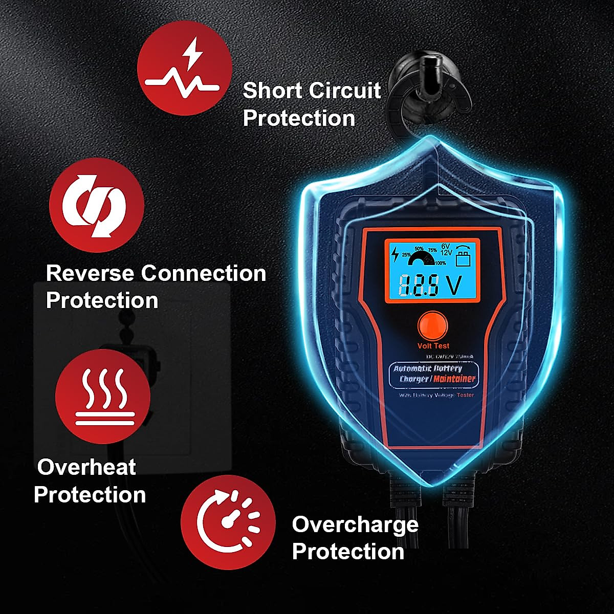 Automotic Battery Trickle Charger Maintainer 12 Volt 750mA Battery Float Charger Maintainer with LCD Float Charging for Motorcycle ATV Lawn Mower Car Boat