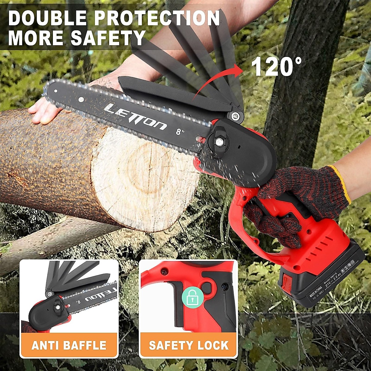 Letton Mini Chainsaw,8 inch & 6 inch electric chainsaw cordless With 21V Battery Powered,Portable Hand Held Chain Saw For Cutting Trees Branch Trimming Pruning-Red