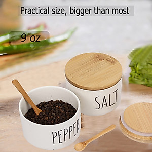 VICUKIE Farmhouse Salt And Pepper Bowls,Stacked Ceramic Salt Cellar With Bamboo Lid, Salt Container With Lid And Spoon, Modern Farmhouse Kitchen Decor, Salt Box, Spice Box (WHITE AND WHITE)