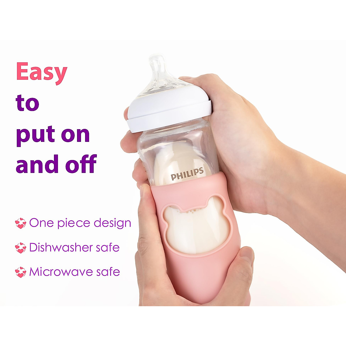 100% Silicone Baby Bottle Sleeves for Philips Avent Natural Glass Baby Bottles, Premium Food Grade Silicone Bottle Cover, Cute Bear Design, 8oz, Pack of 2 (Pink and Purple)