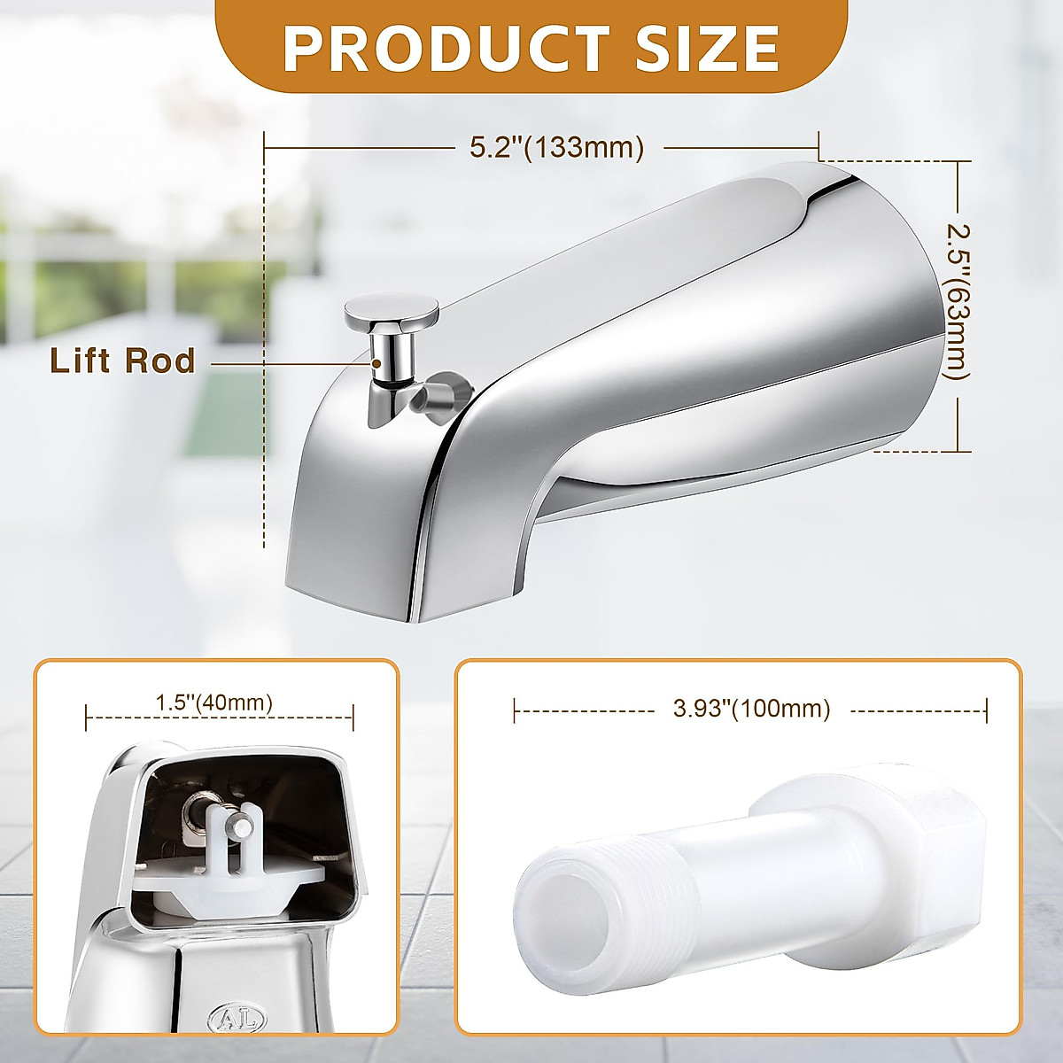 Dreyoo Diverter Tub Spout with Tub Spout Cover Ring, Universal Fits 1/2" Copper Pipe, 1/2" IPS and 3/4" IPS, Bathroom Bathtub Faucet Replacement with Foam Gasket, Adapters and Hex Wrench (Chrome)