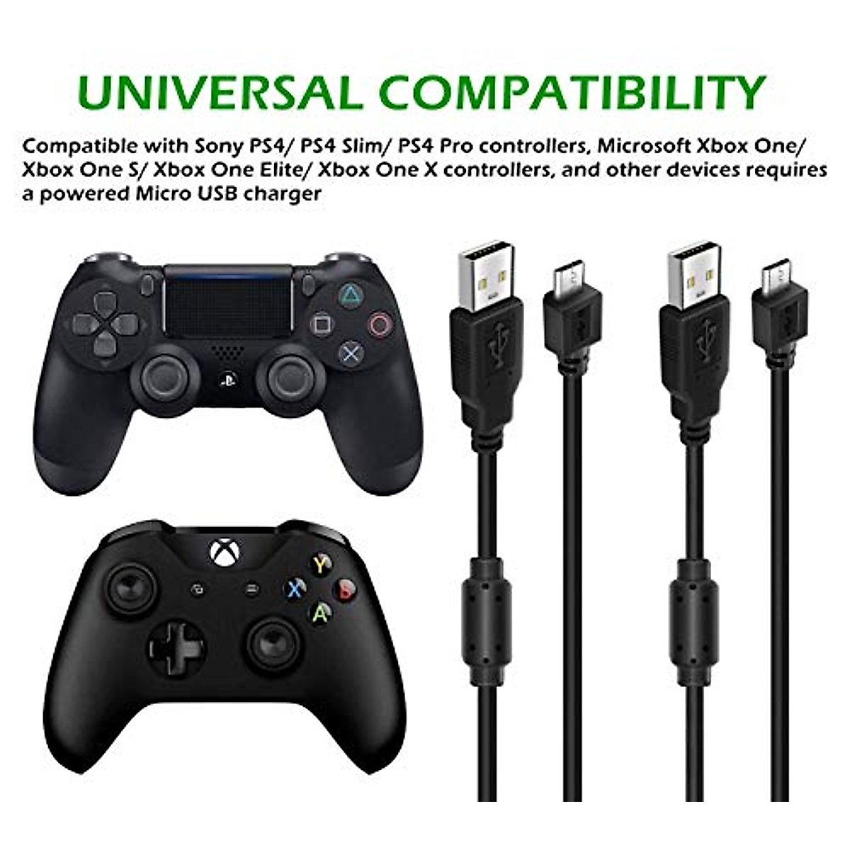 2 Pack 10ft PS4 Controller Charging Cable, Play and Charger Data Sync Cord for Sony Playstation 4/ PS4 Pro/ PS4 Slim/ PS4 Controllers, Microsoft Xbox One X/One S/One Elite/One Controllers (Black)